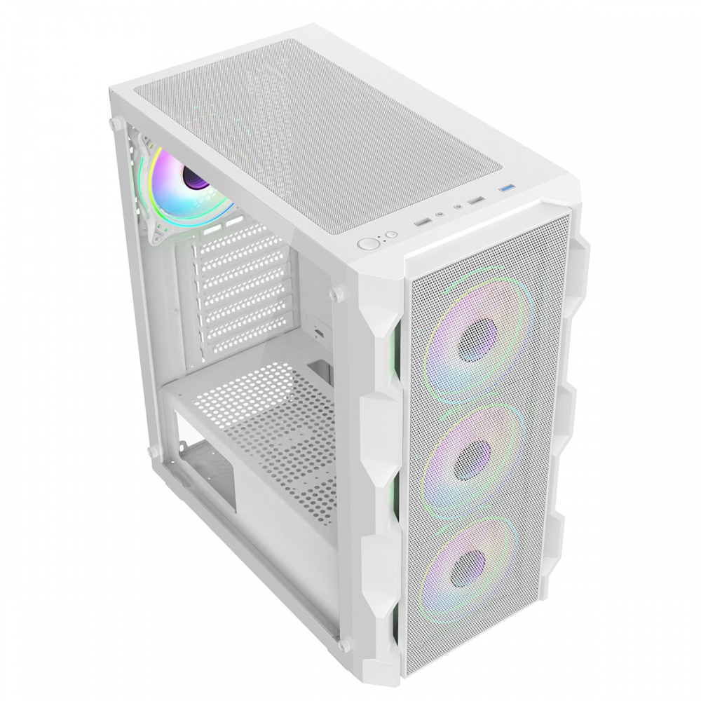 CIT Neo White ATX Gaming PC Case 4X Dual-Ring Infinity Fans Mesh Front ...